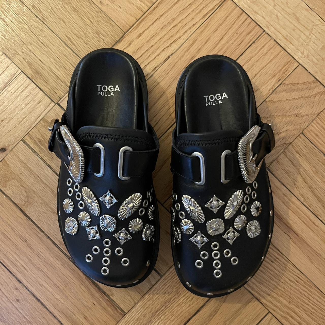 Black leather Toga Pulla clogs with silver accents... | Depop