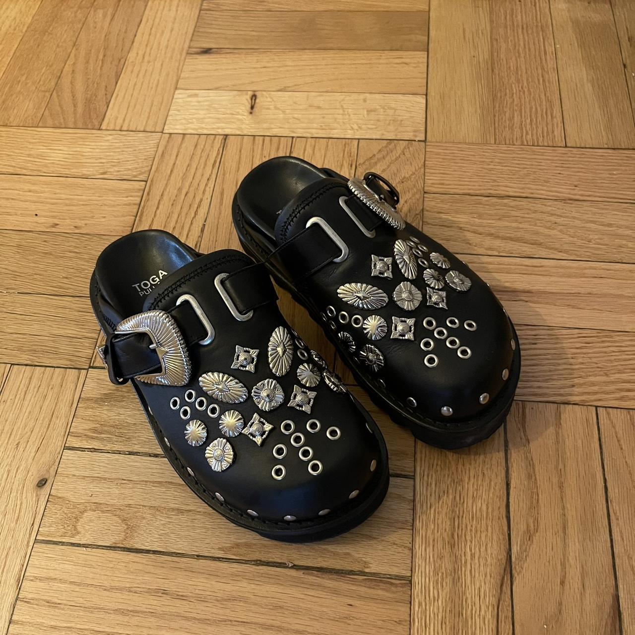 Black leather Toga Pulla clogs with silver accents... | Depop