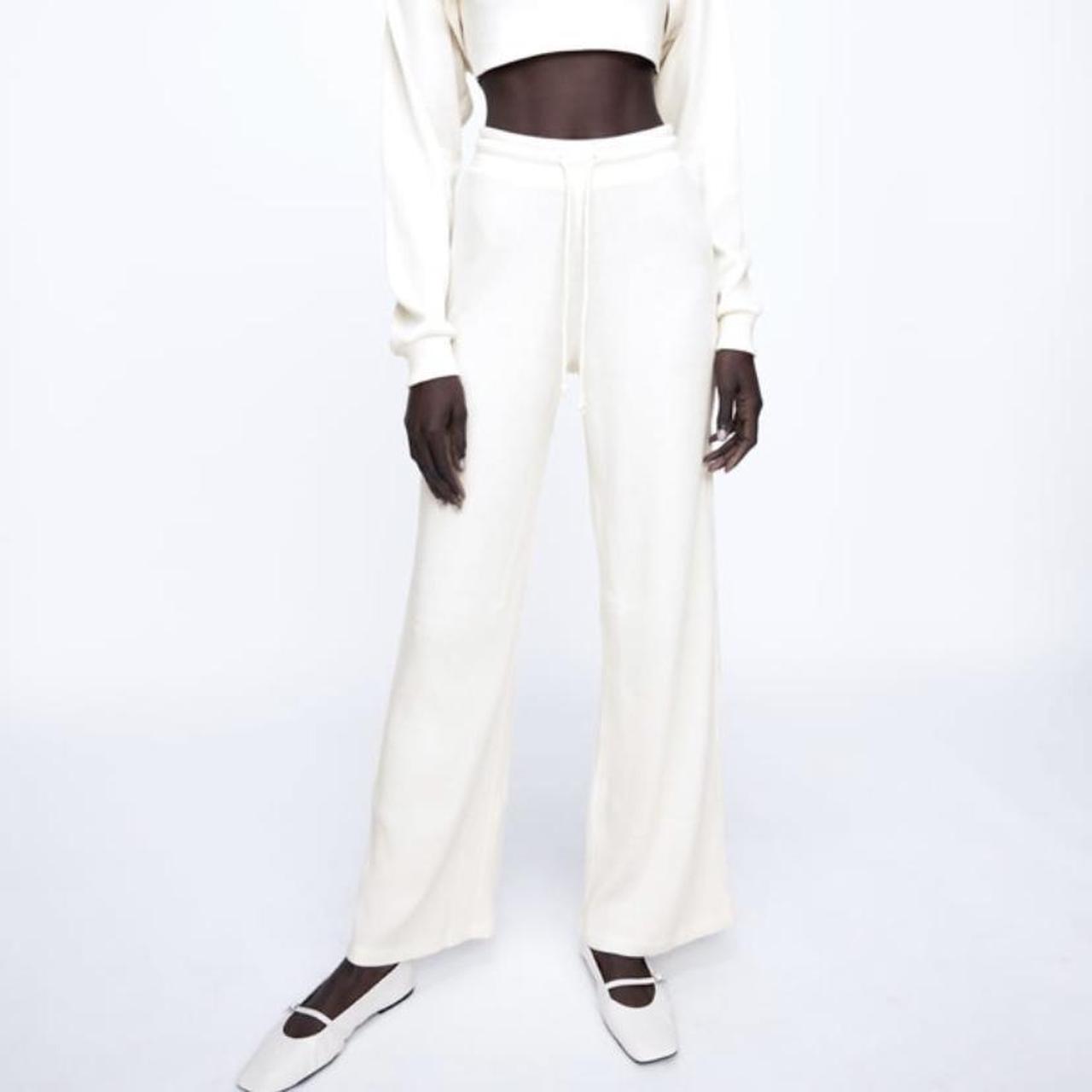 Zara ribbed wide leg pants in ecru size medium Minor... | Depop
