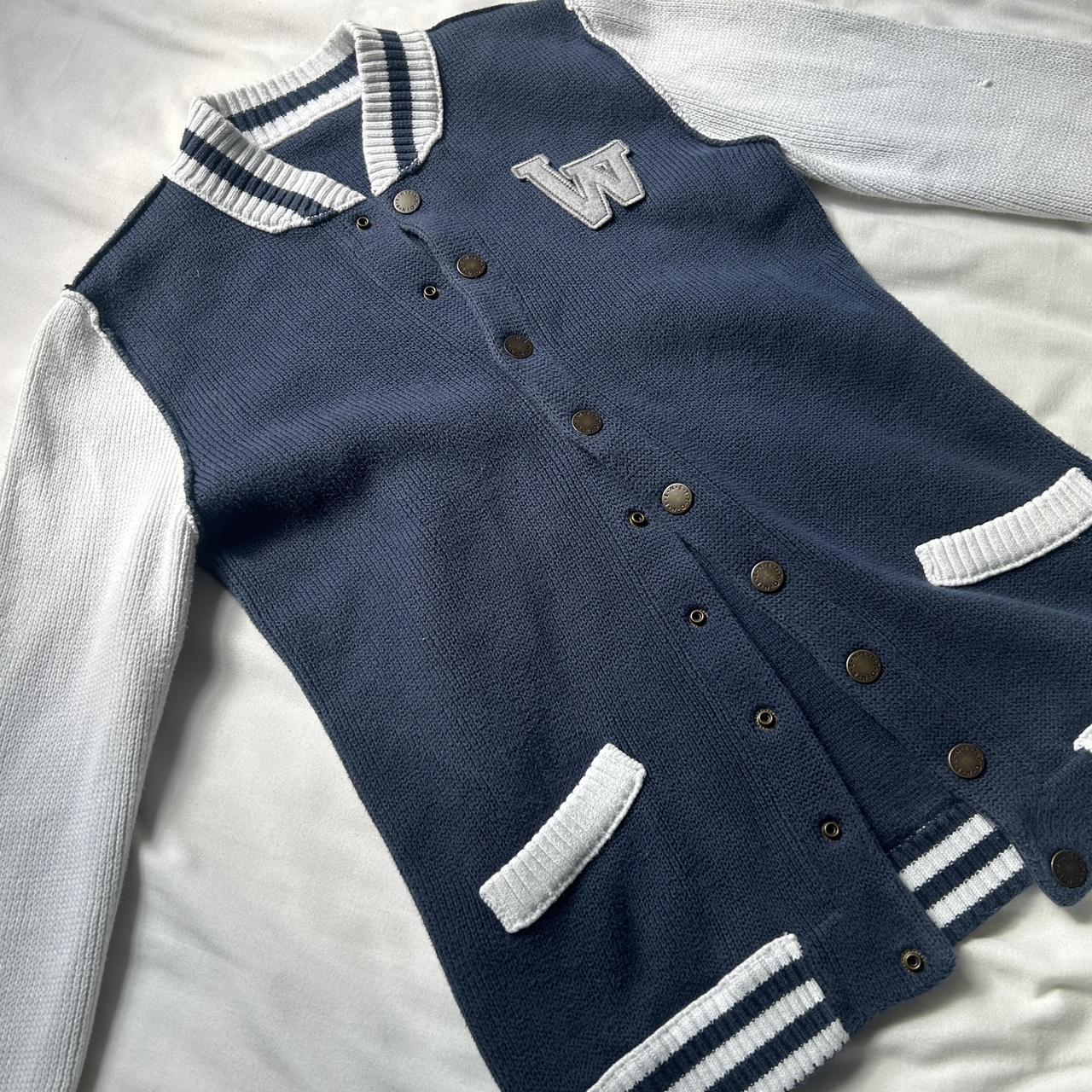 vintage blue varsity button up cardigan unisex,... - Depop