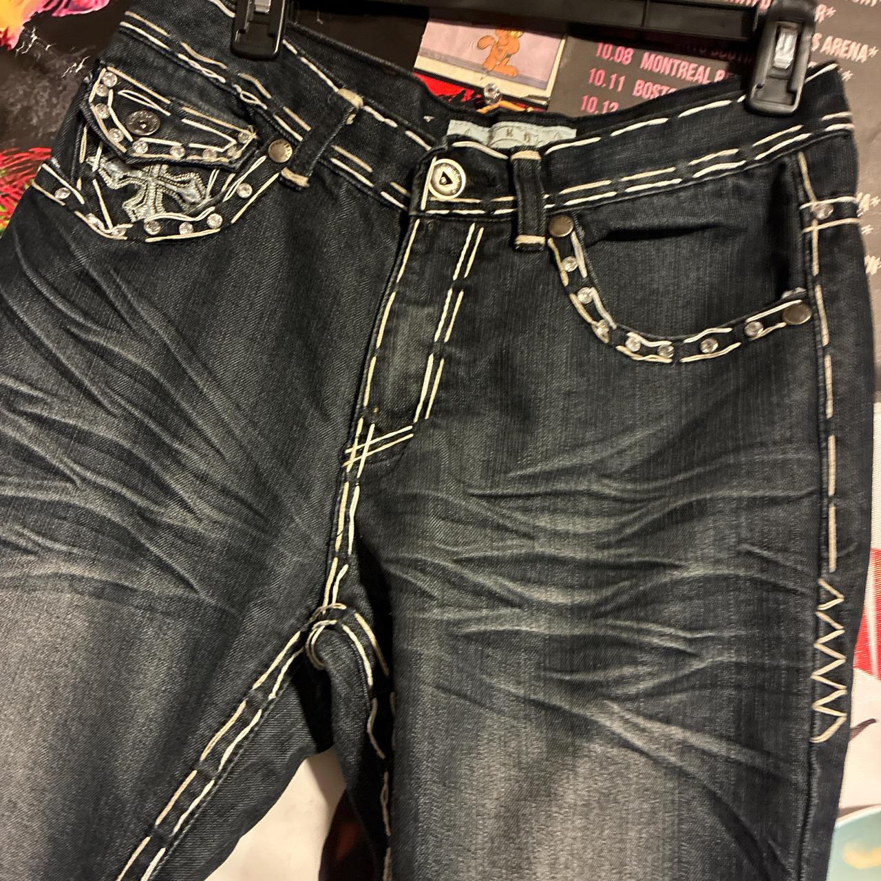Black and silver cross design flared VKO jeans size... | Depop