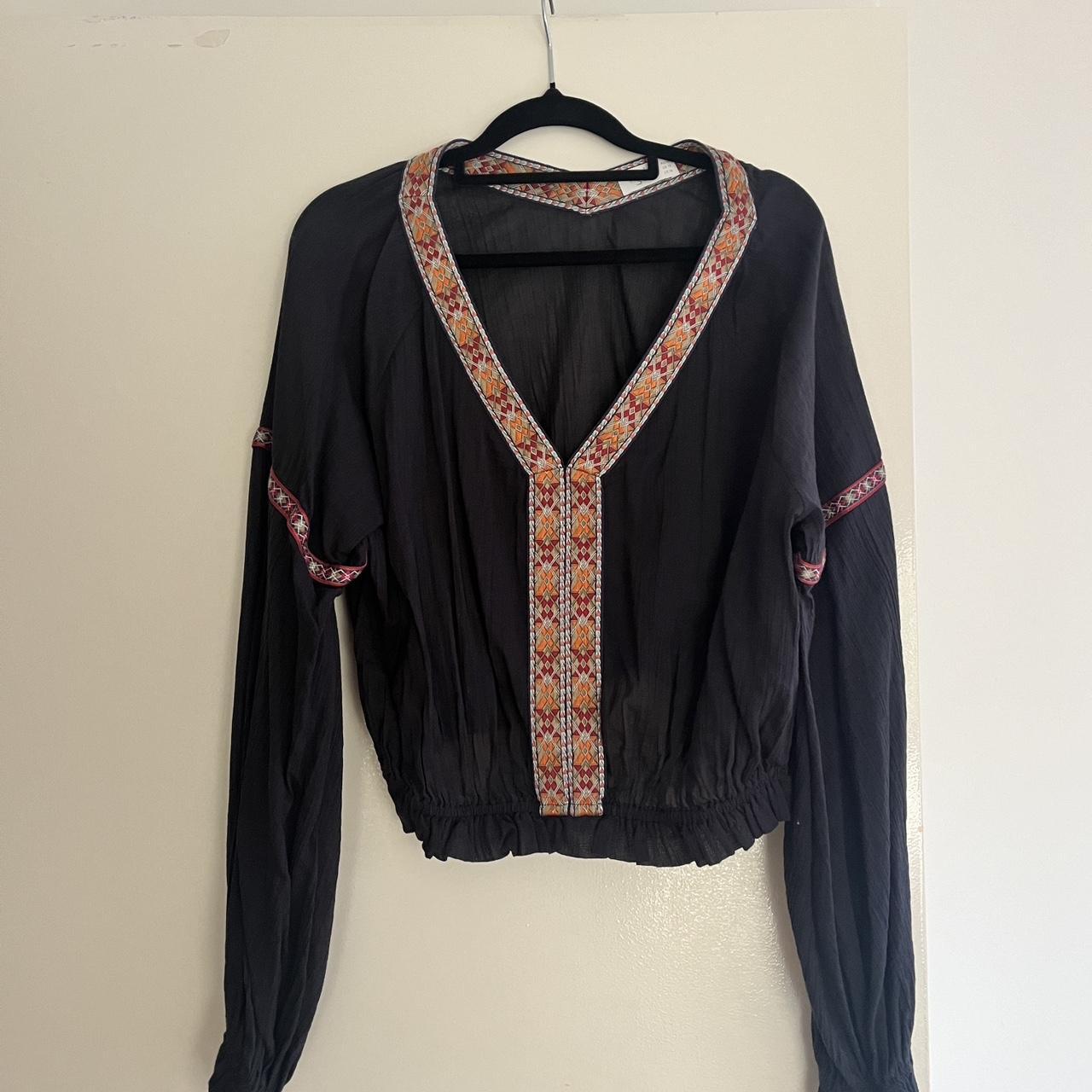 Tiger lily boho cropped long sleeve top navy with... - Depop