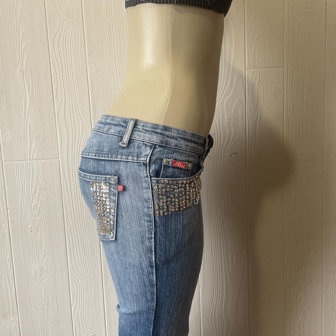 Blue bedazzled low rise flair sexy 2000’s jeans... - Depop