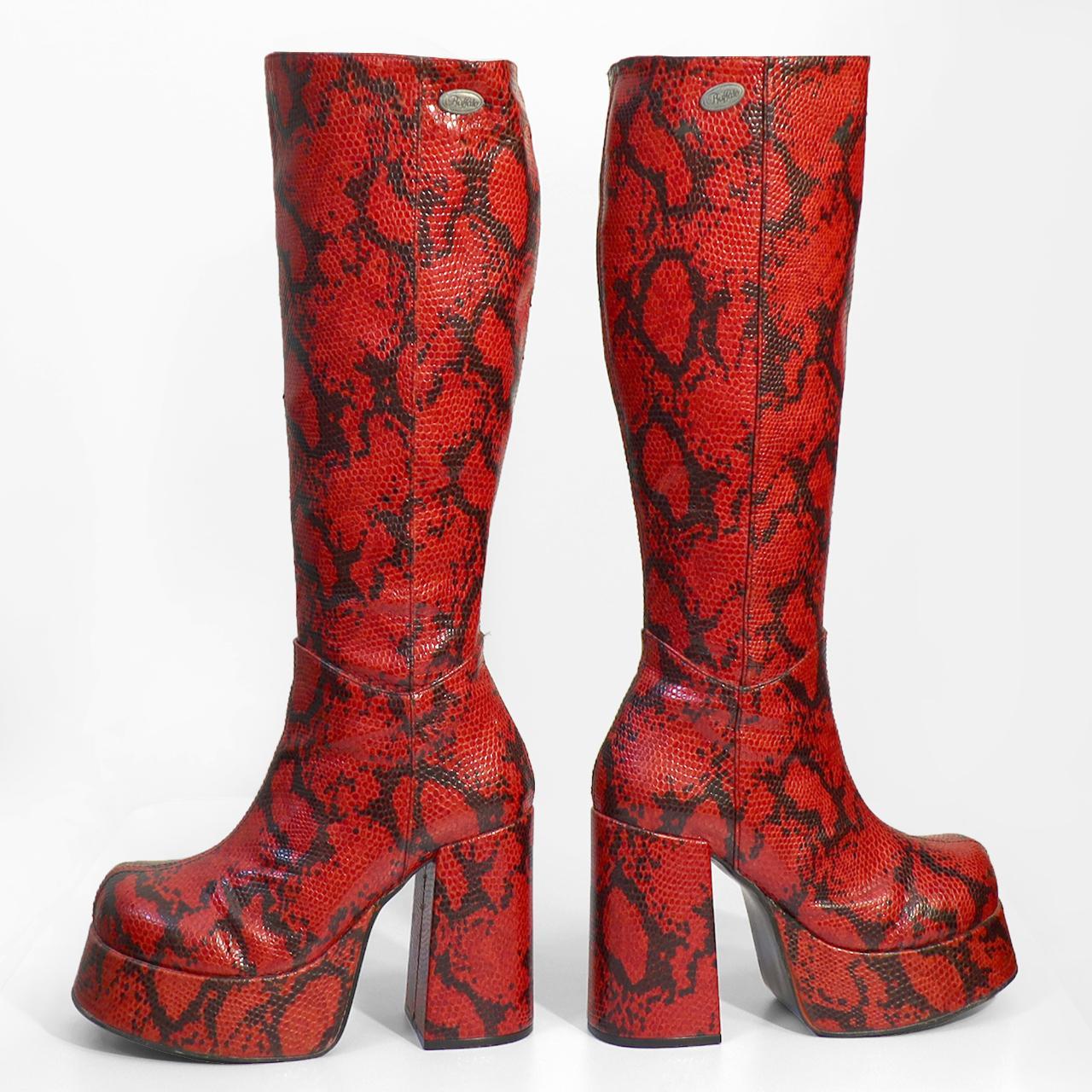 Buffalo platform knee high boots in red snakeskin.... - Depop