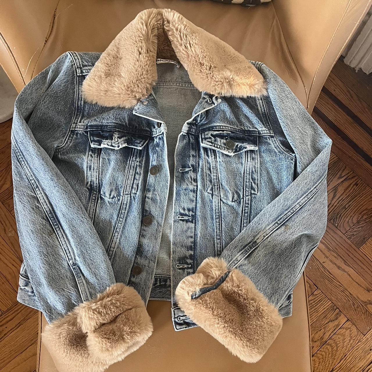 Barely worn Reformation denim jacket with faux fur... - Depop