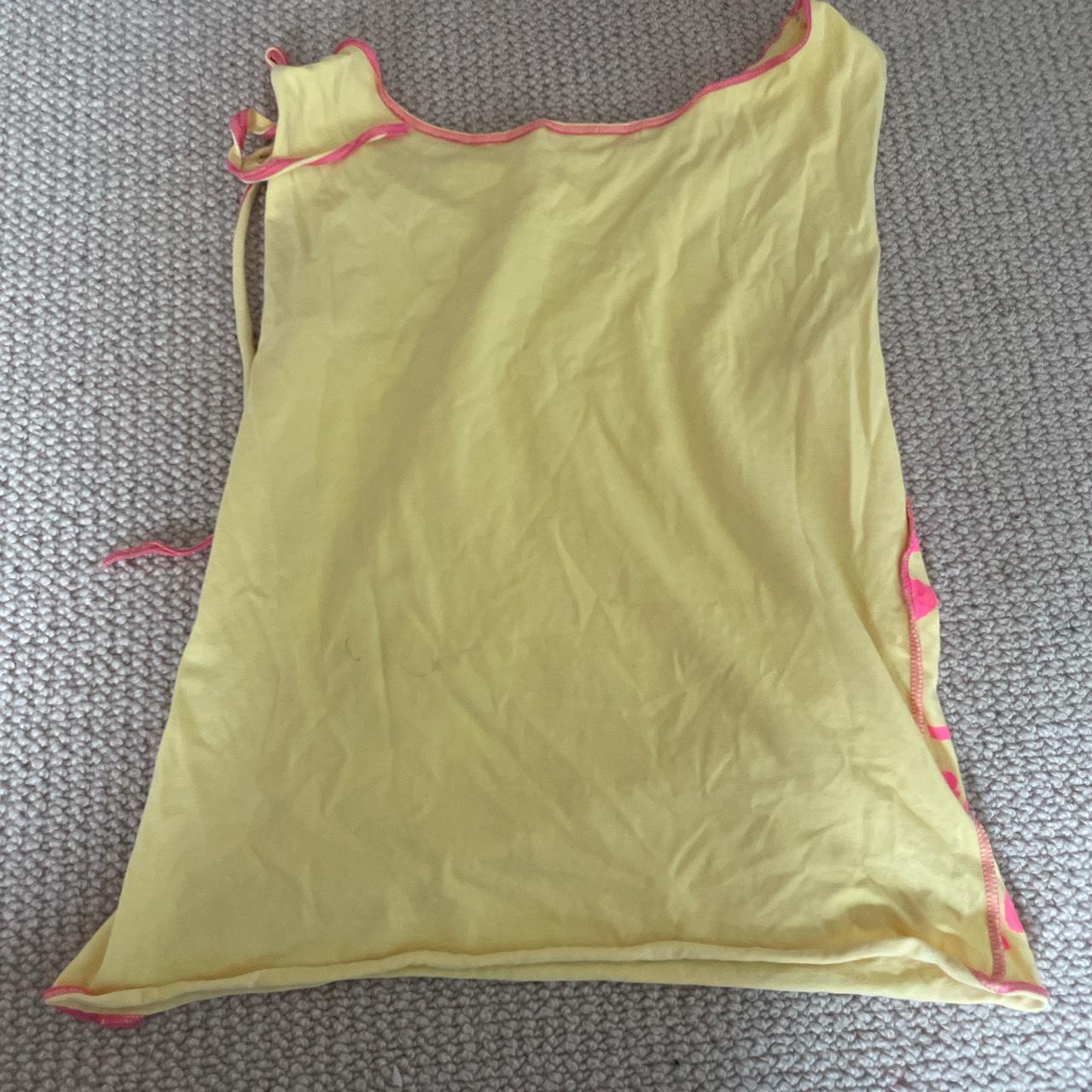 Gorgeous Yellow and pink sloping shoulder Y2k top .... - Depop