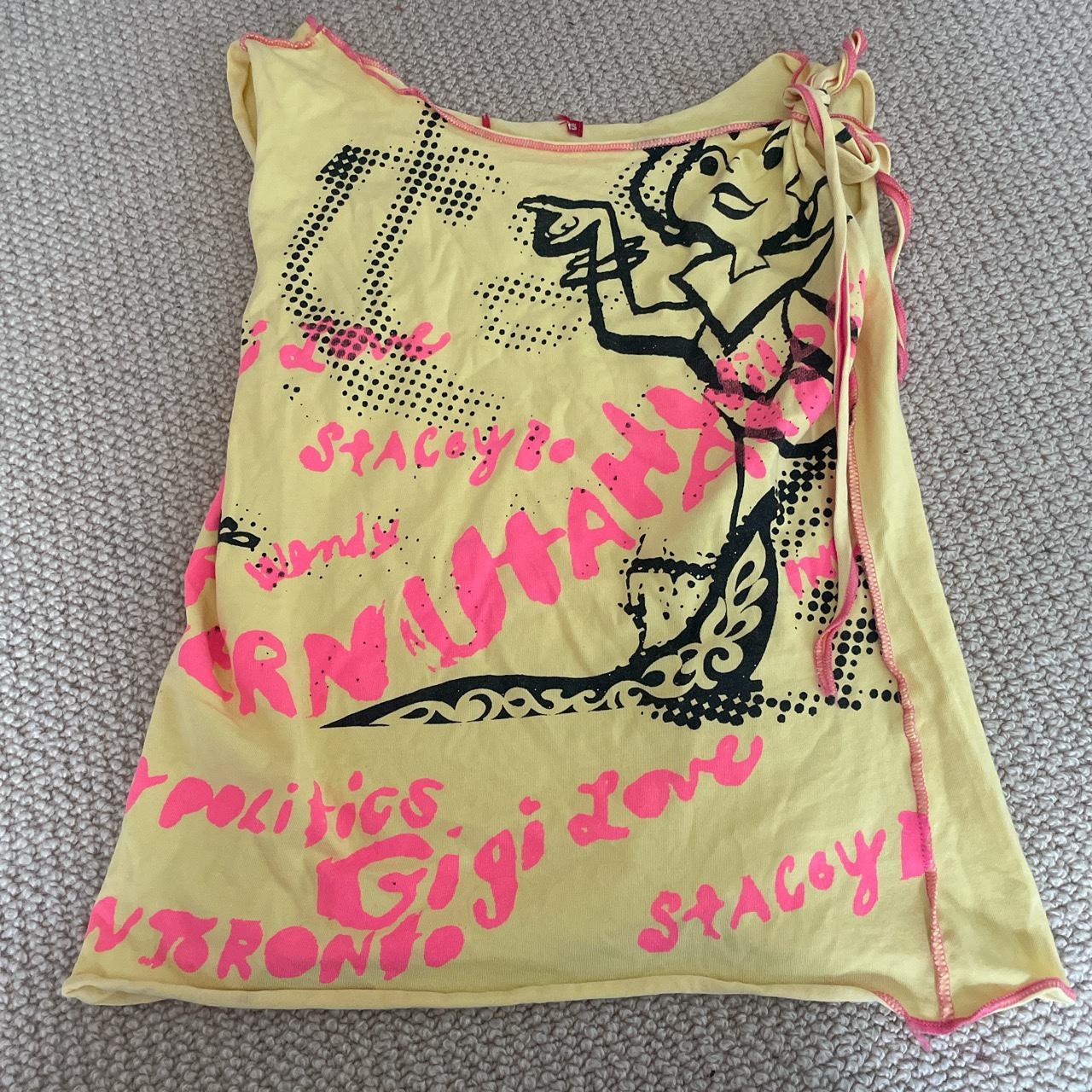 Gorgeous Yellow and pink sloping shoulder Y2k top .... - Depop