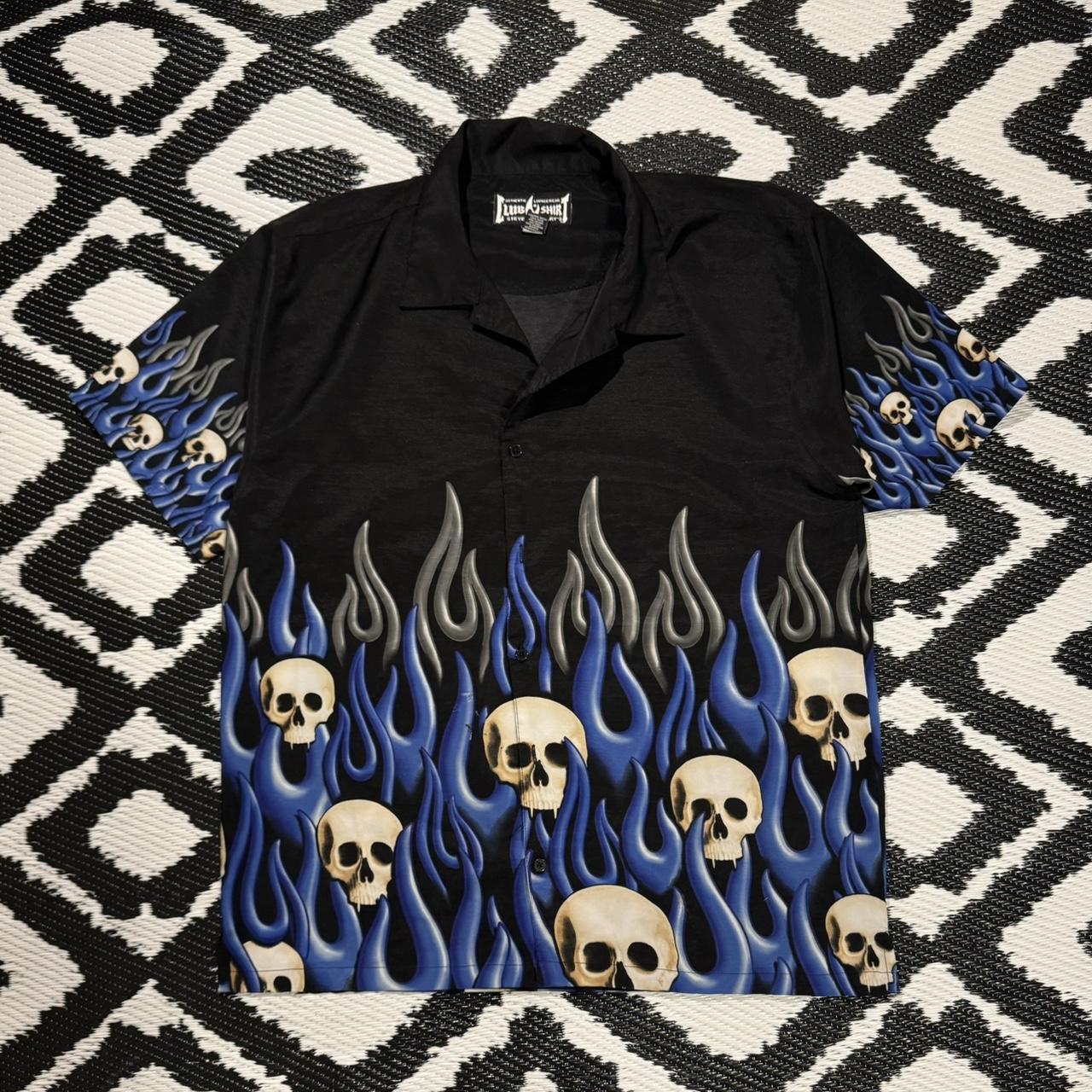 Vintage Y2K Steve Barry’s Club Flame Skull Button Up... - Depop