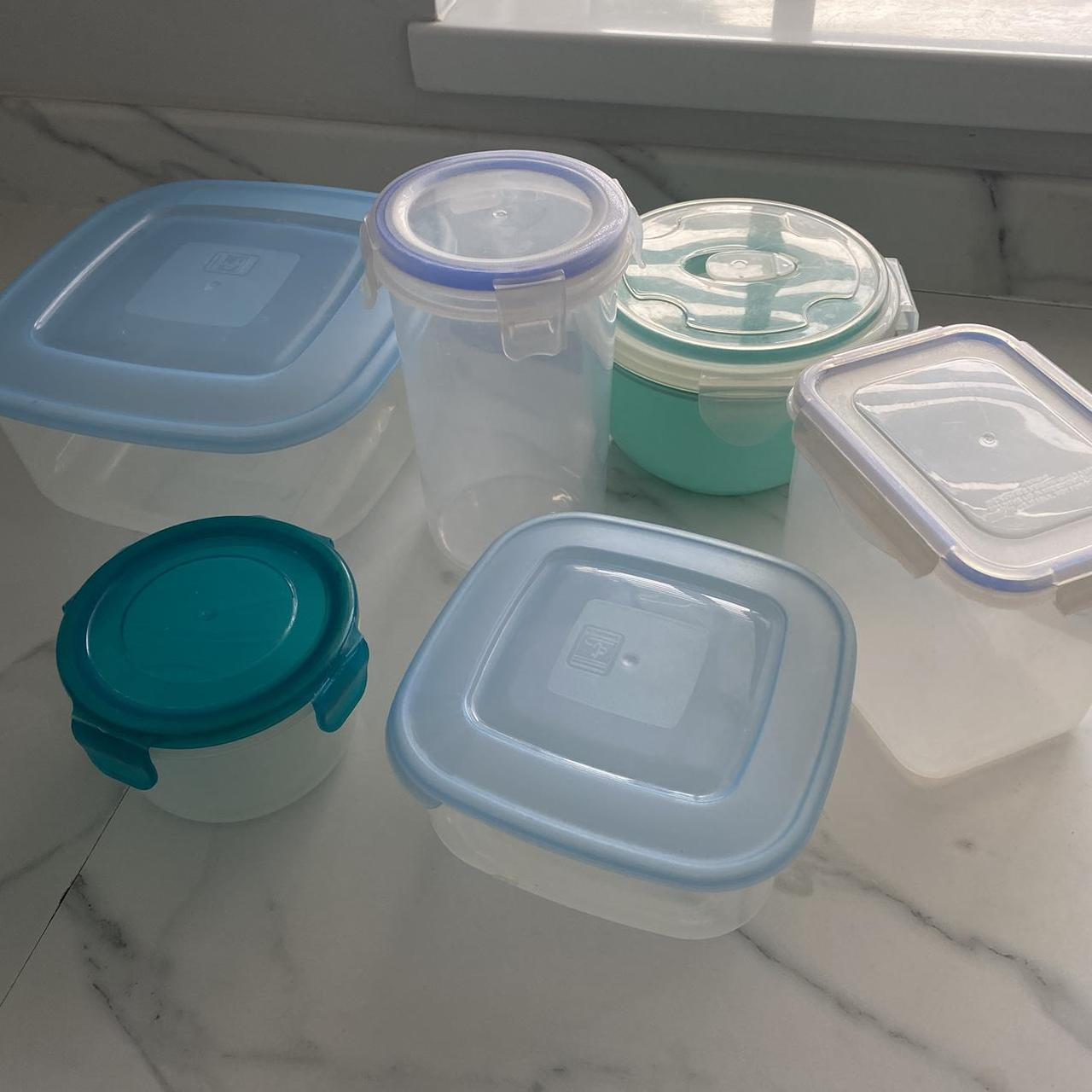 Reusable plastic food storage containers in blue and... - Depop