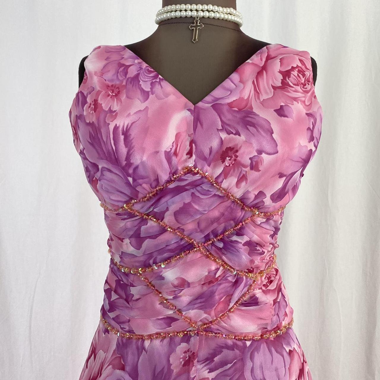 Vintage Floral Print beaded embroidered prom dress... | Depop
