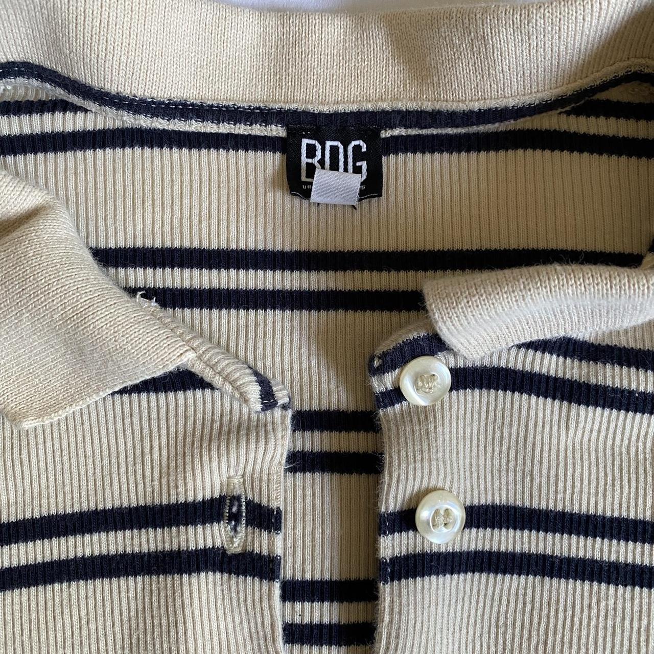 beige ribbed button up crop top with navy blue stripes - Depop