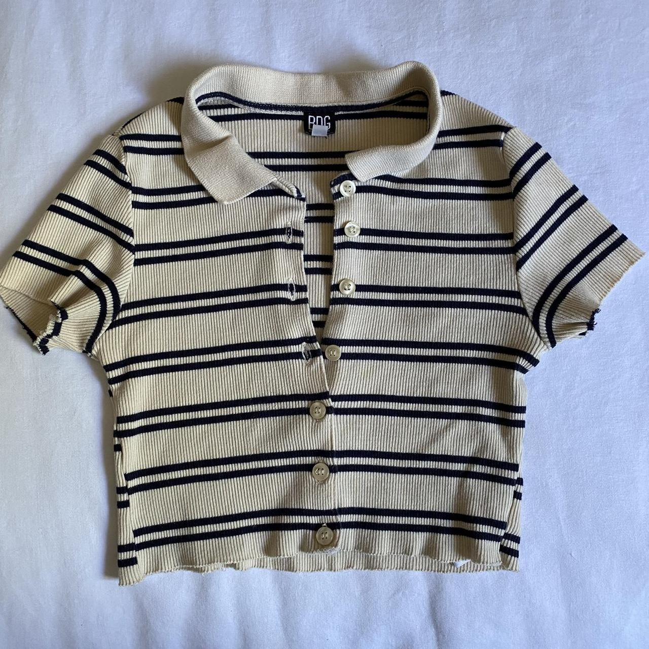 beige ribbed button up crop top with navy blue stripes - Depop