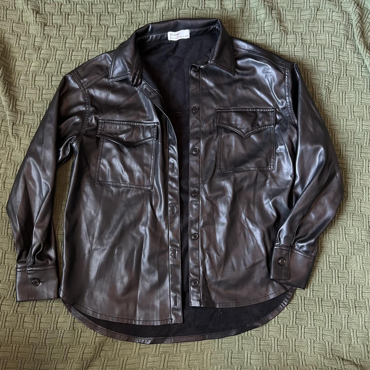 bershka vegan leather jacket in perfect condition!!... - Depop