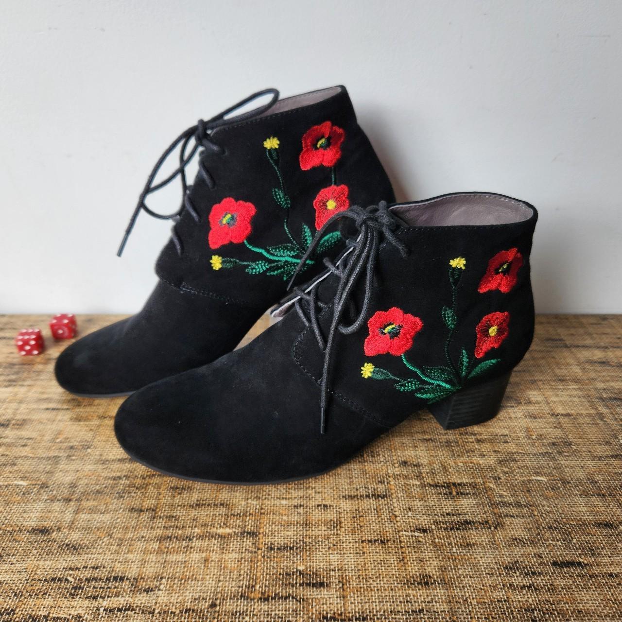 Isabella Black Suede Ankle Boots with Flower detail... - Depop