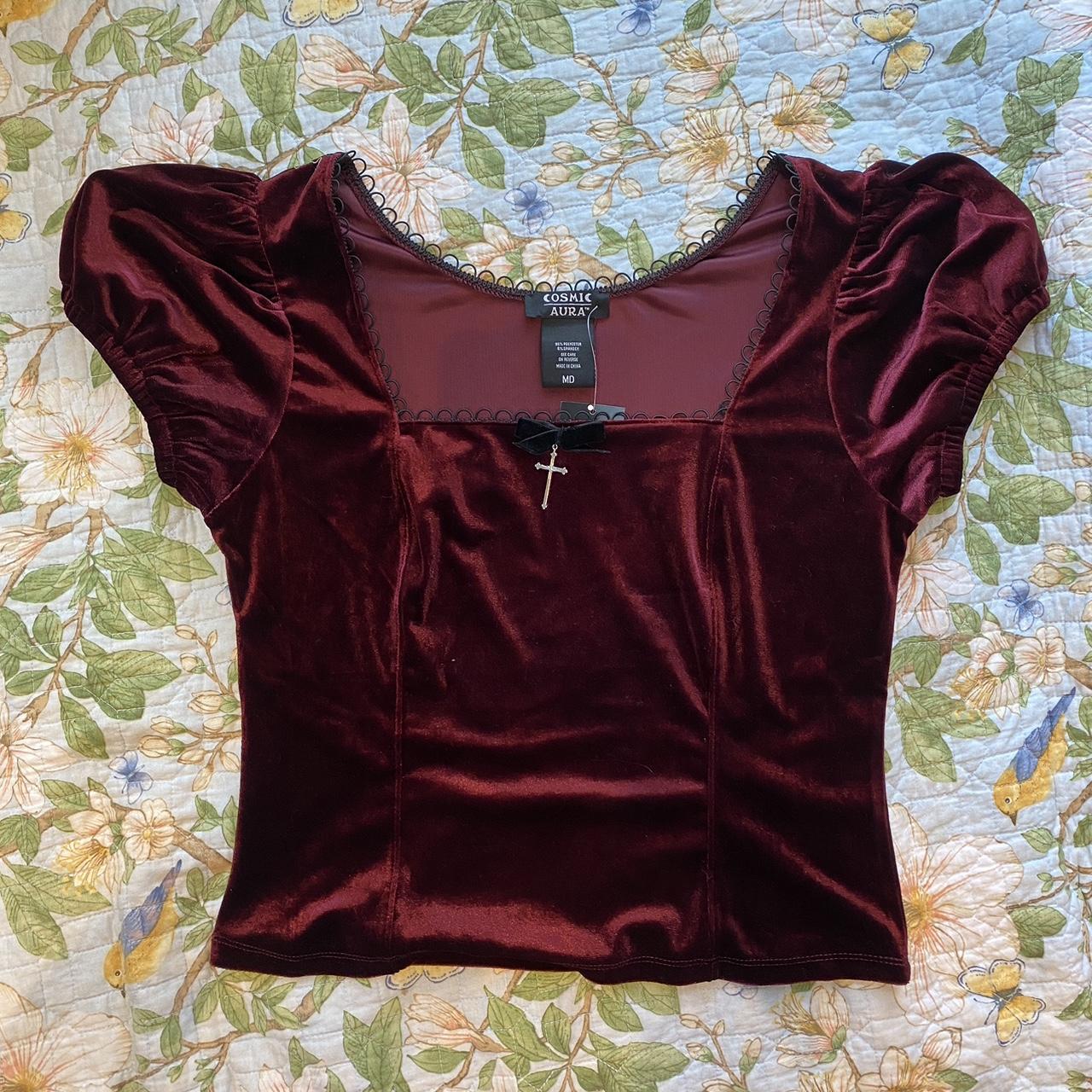 Burgundy Velvet Puff-Sleeve Girls Top 93%... - Depop