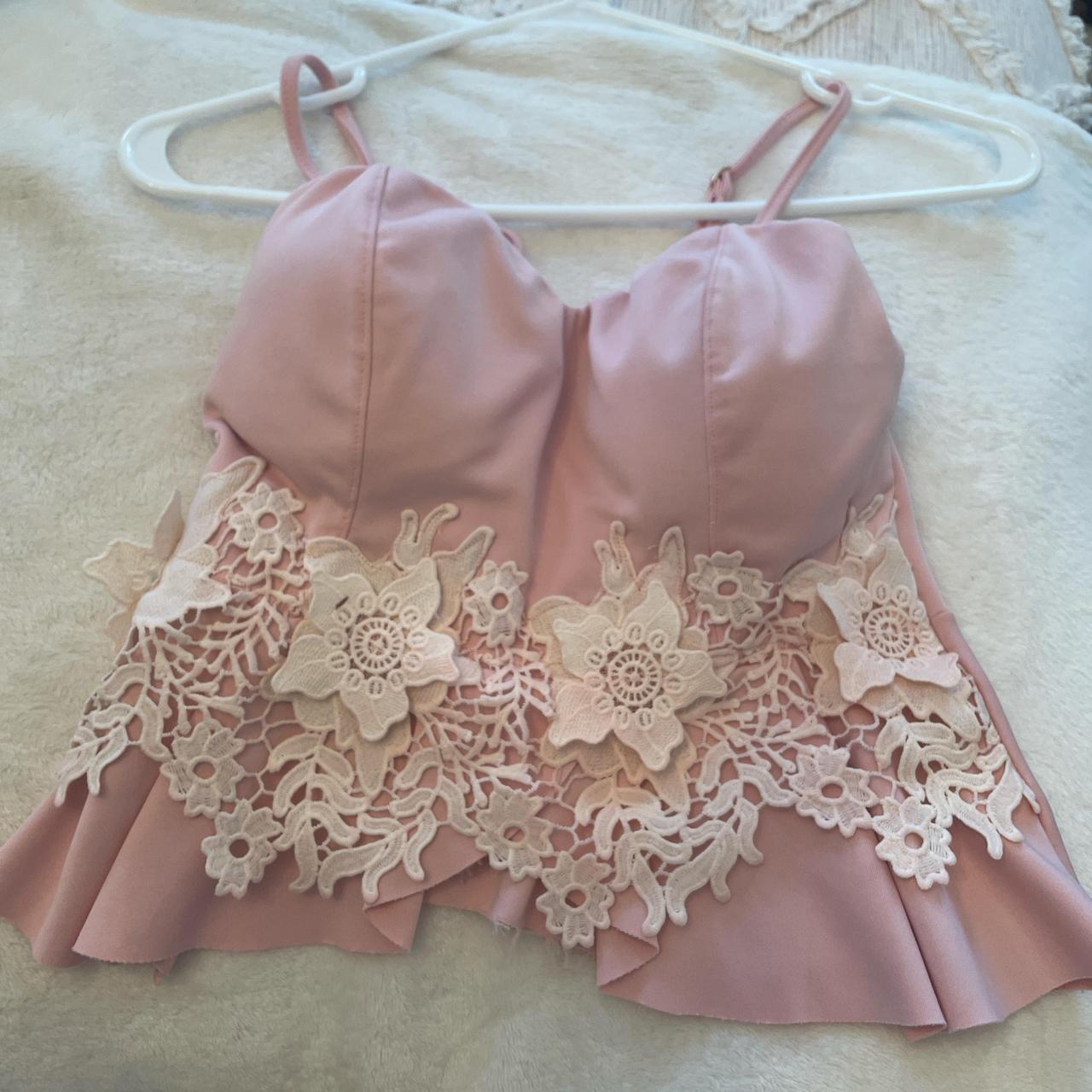Pink floral lace flowy crop top, size Small, built... - Depop