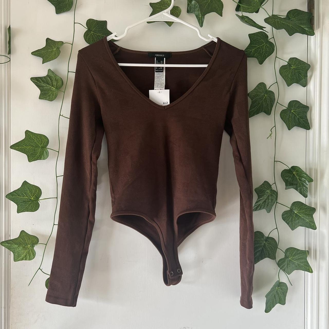 brown check bodysuit monochrome brown long sleeve... - Depop