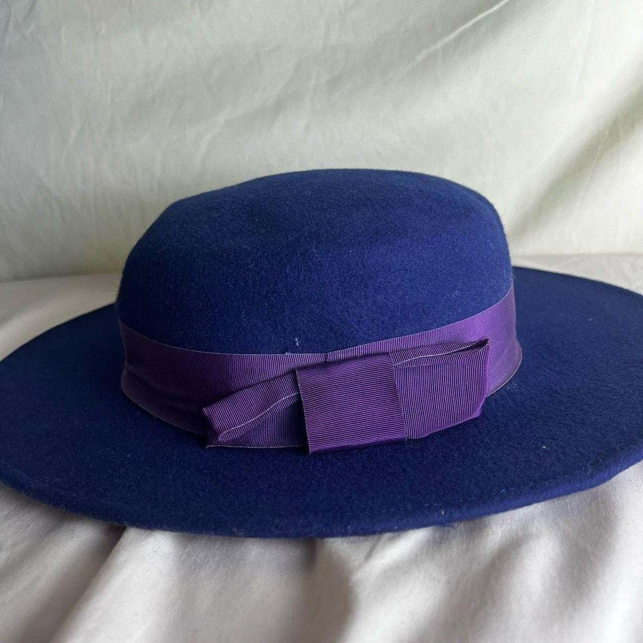 Vintage 100% Wool Felt Hat Wide Brim Navy Blue... - Depop