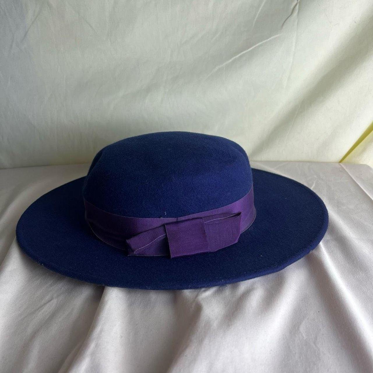 Vintage 100% Wool Felt Hat Wide Brim Navy Blue... - Depop