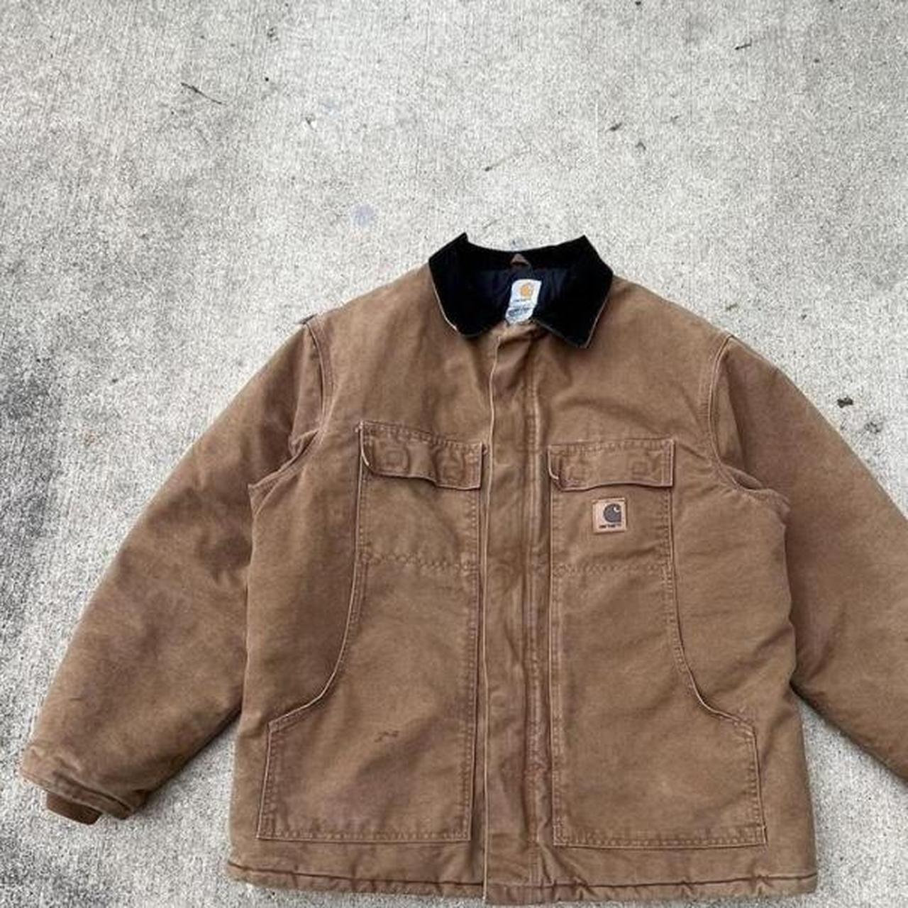 Y2ktan faded distressed carhartt chore jacket Size... - Depop
