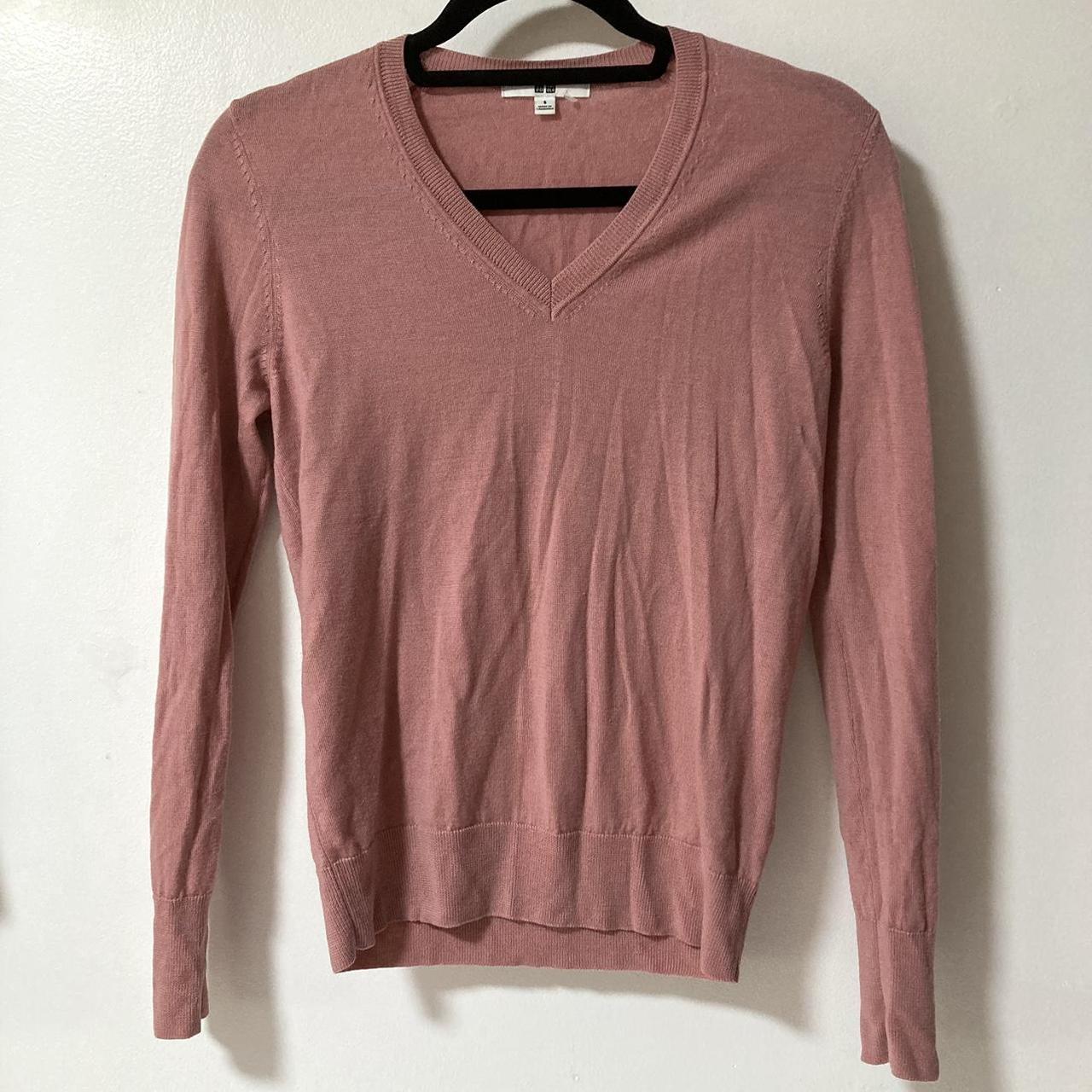 Uniqlo pink V neck knit jumper Size: XS Material:... - Depop