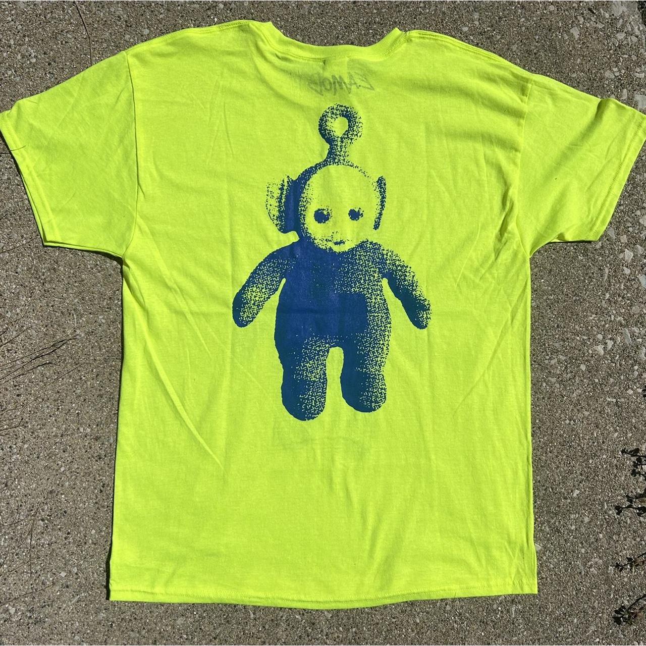 NEON GREEN shirt with BLUE Teletubbies Po print hand... | Depop