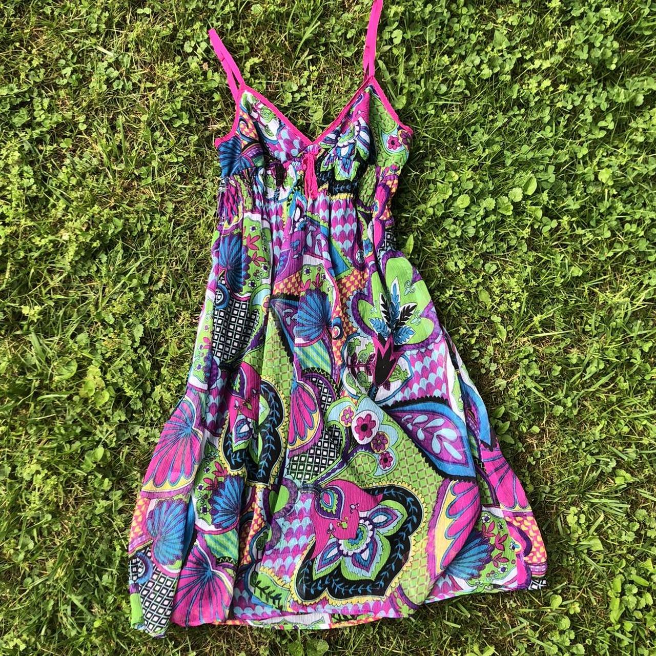 Colorful whimsical floral patterned sundress... - Depop