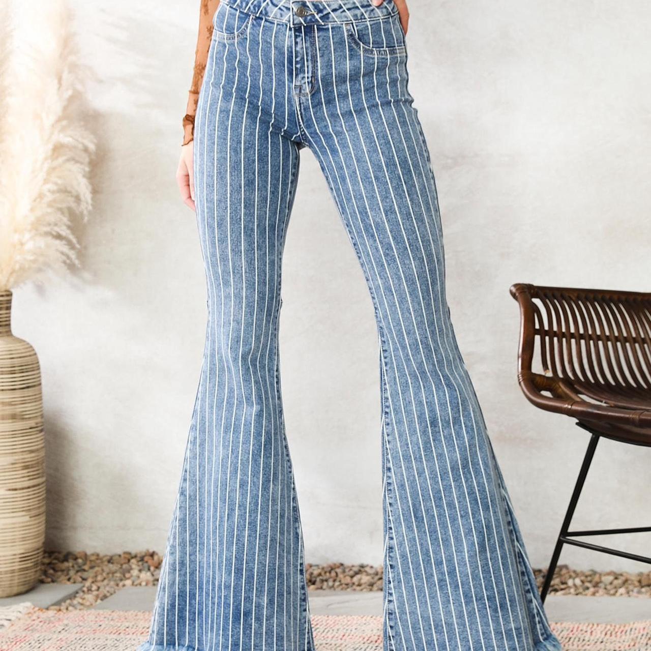 Cello Pinstriped High Rise Flare Jeans Sz... - Depop