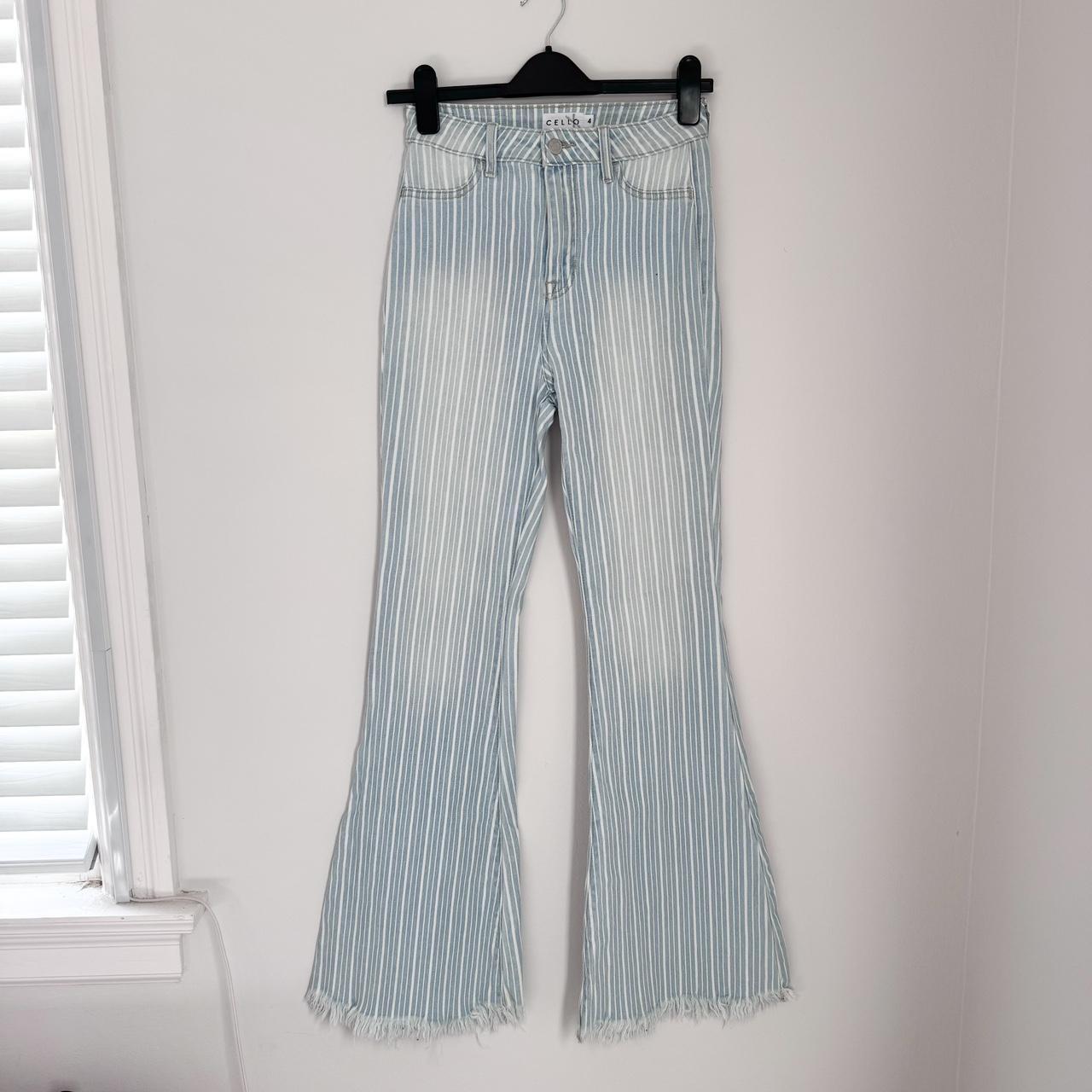 Cello Pinstriped High Rise Flare Jeans Sz... - Depop