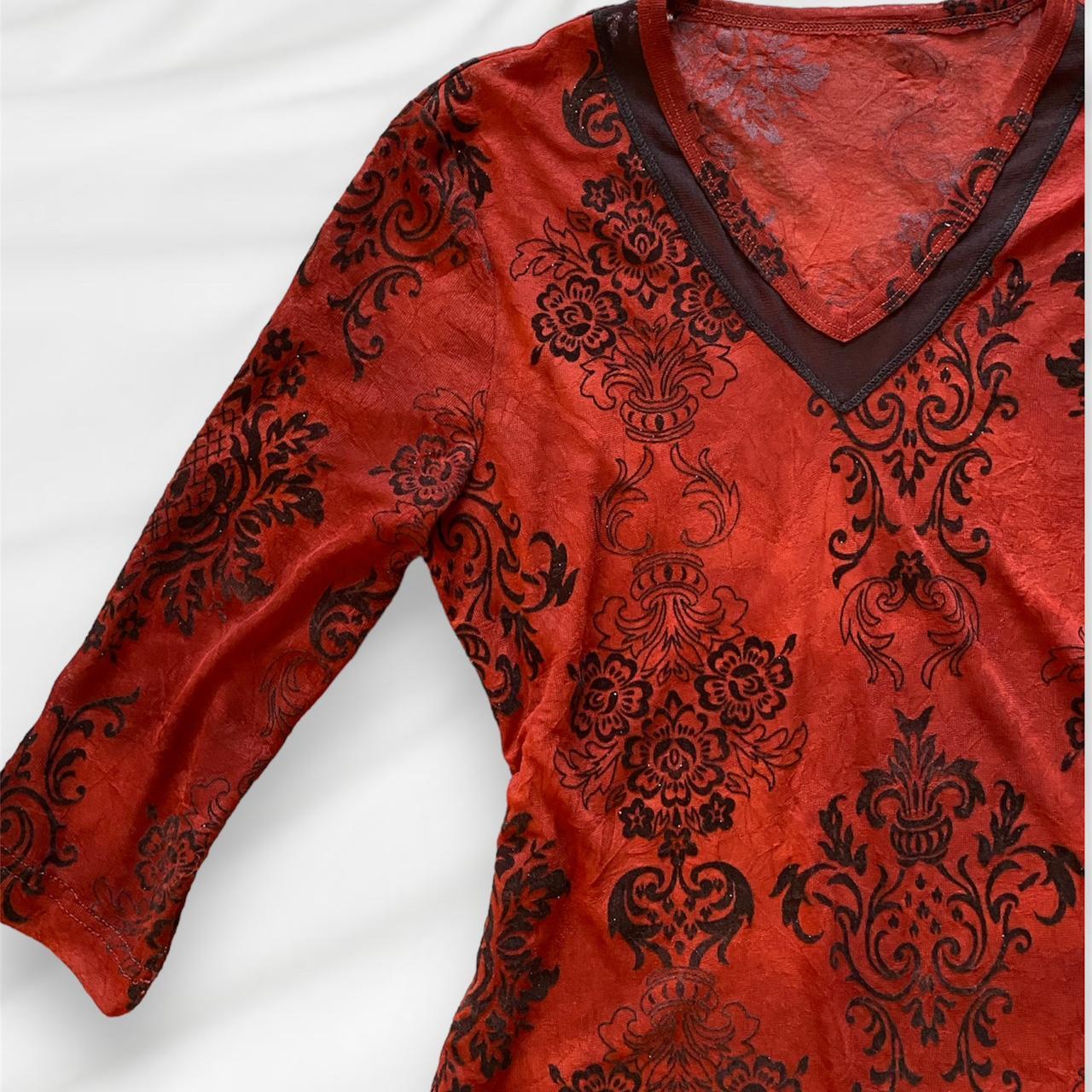 RED AND BLACK MESH TOP - 3/4 length sleeves -... - Depop