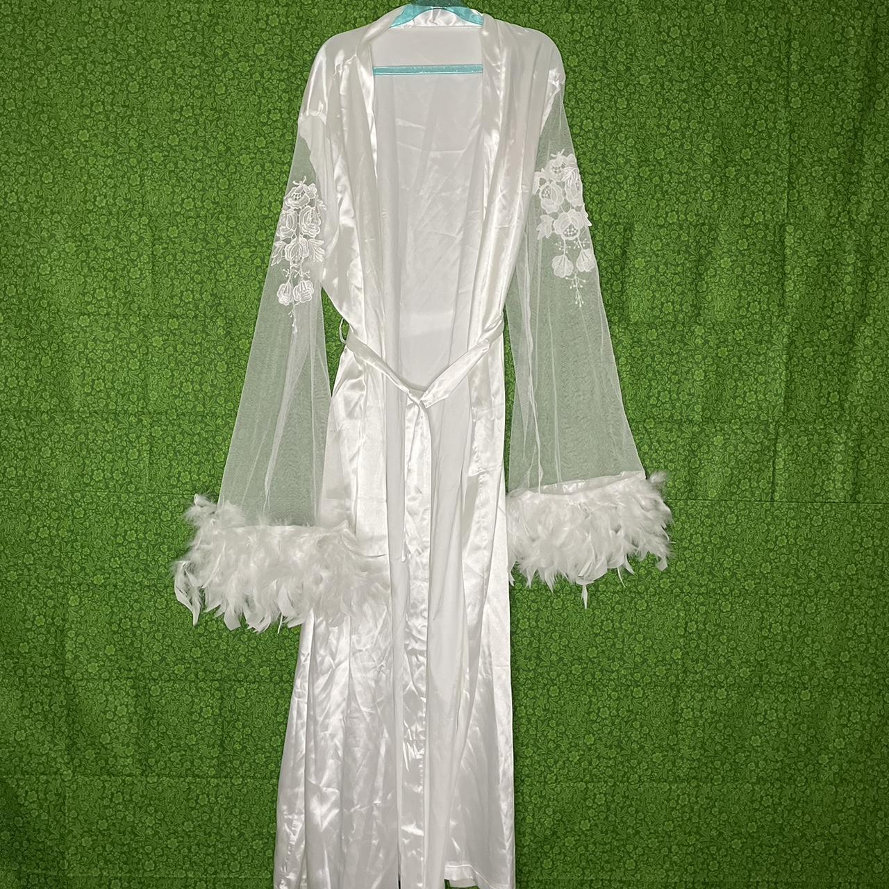White silk robe with sheer sleeves and floral... - Depop