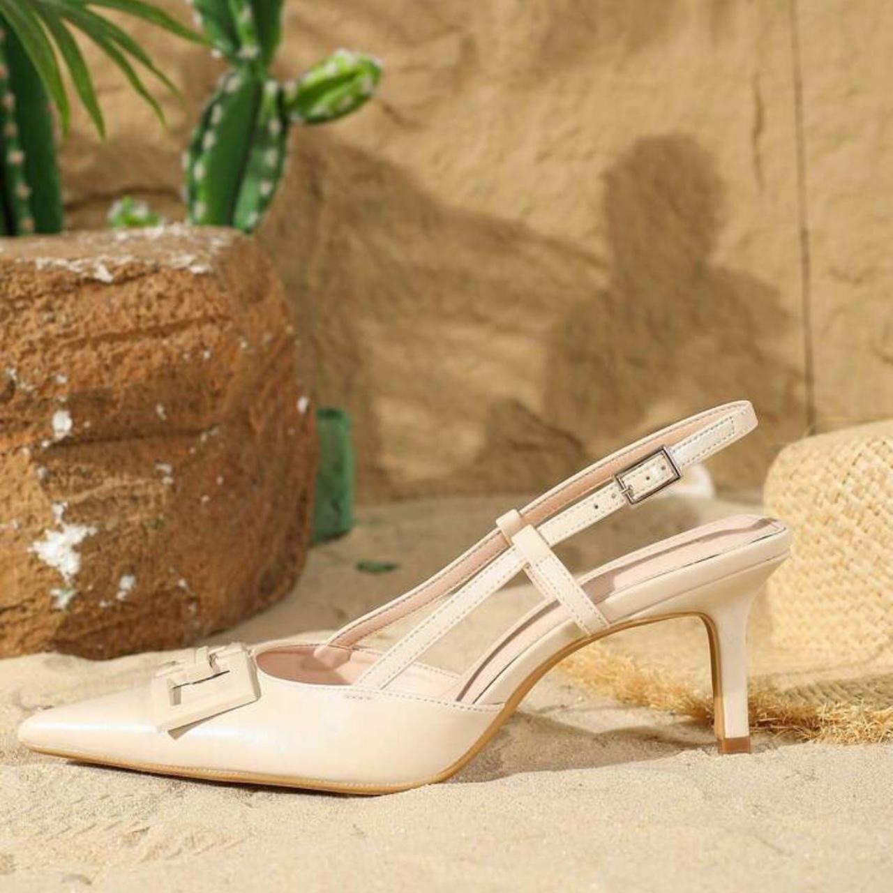 Cream mid-heeled slingbacks with buckles. Brand new.... | Depop
