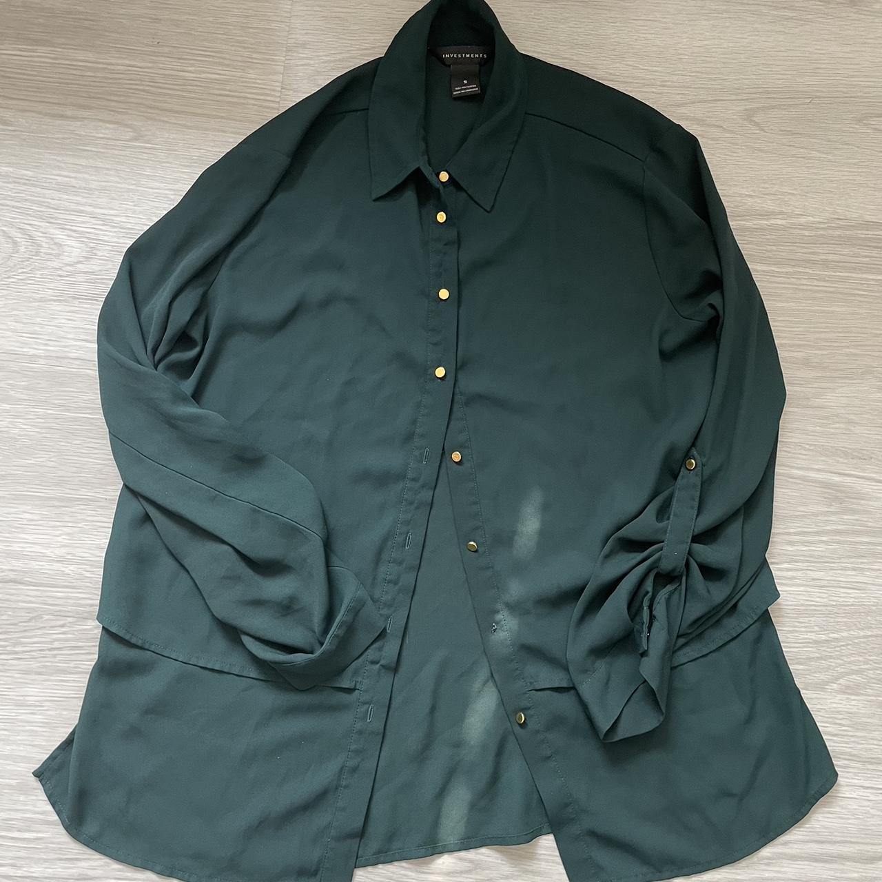 Emerald green collard gold button-up blouse Size:... - Depop