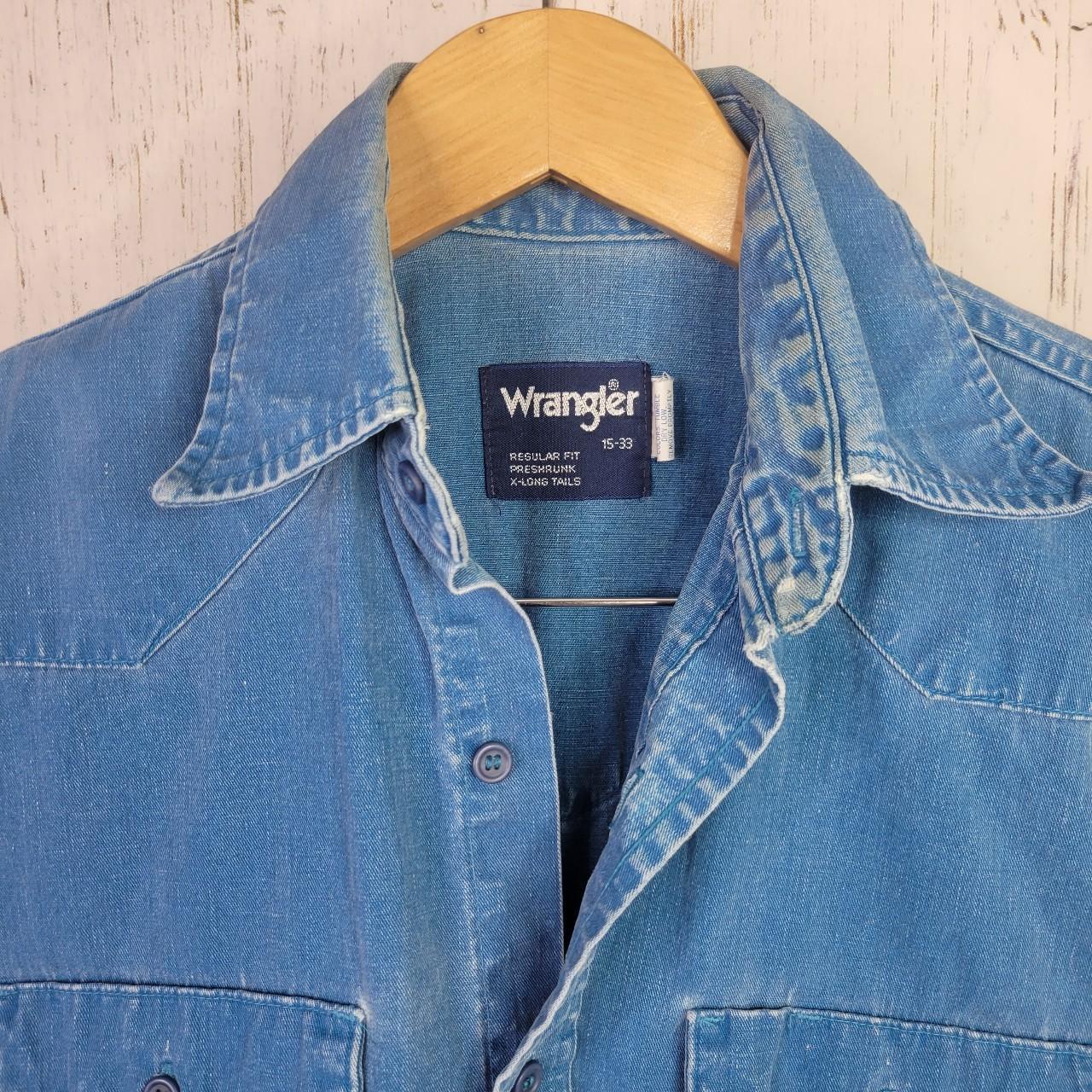 Vintage blue Wrangler button up X-Long tail. Regular... - Depop
