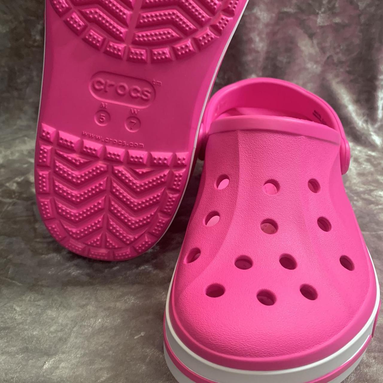 Brand new hot pink crocs with white trim! Size: men... - Depop