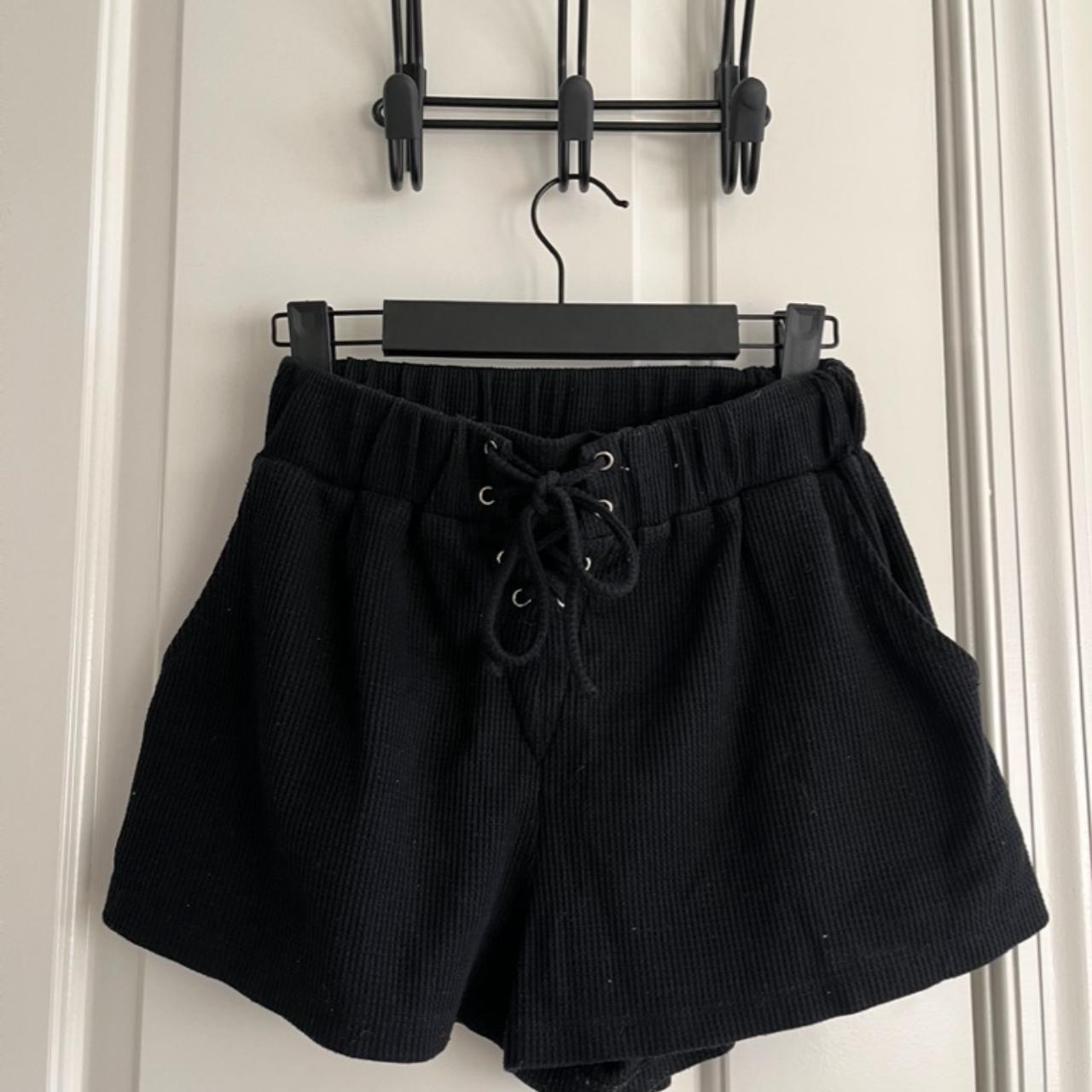 black lace up waffle material shorts - princess polly - Depop