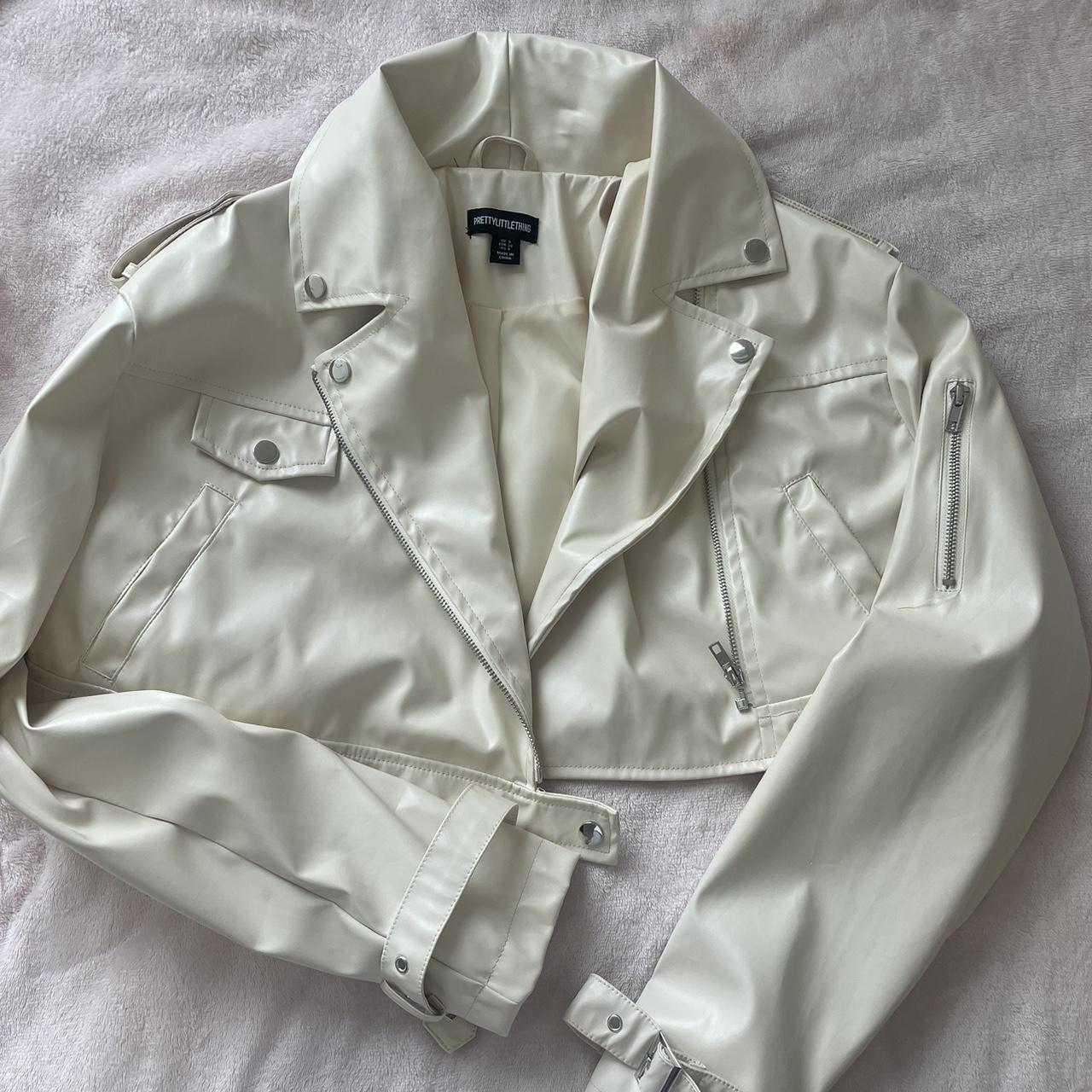 Plt size 8 cream beige biker cropped leather jacket,... - Depop