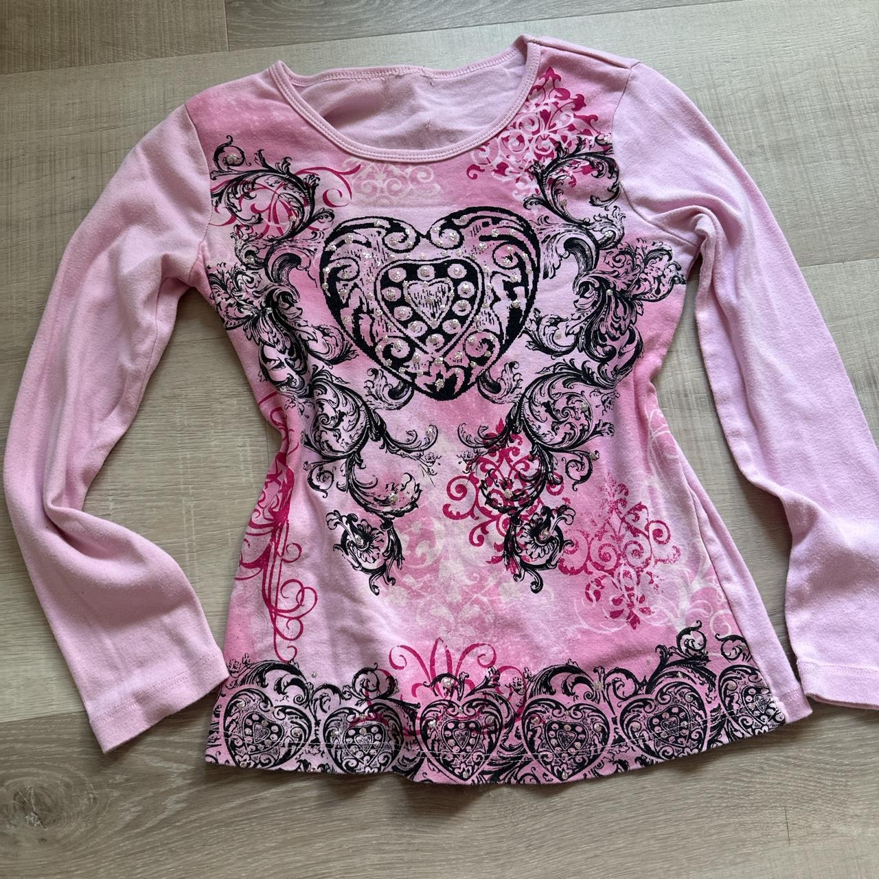pink cyber y2k embellished rhinestone long sleeve... - Depop