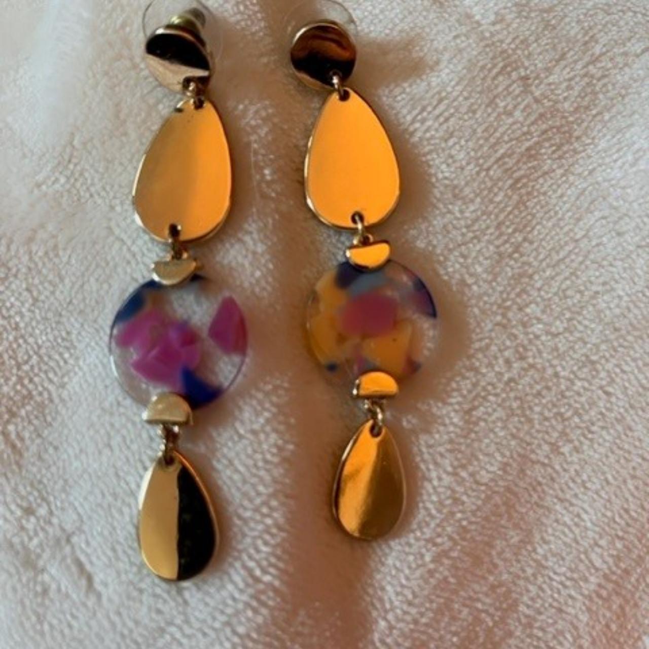 Gold, fuchsia, and blue earrings with gold accents.... - Depop
