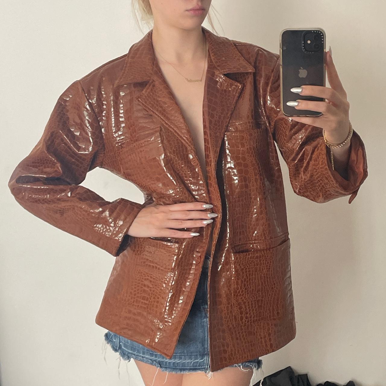 Nasty gal brown PU croc jacket Seen oversized on... - Depop