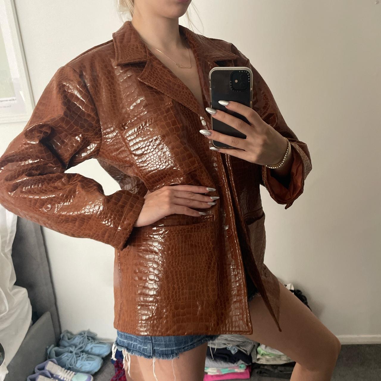 Nasty gal brown PU croc jacket Seen oversized on... - Depop