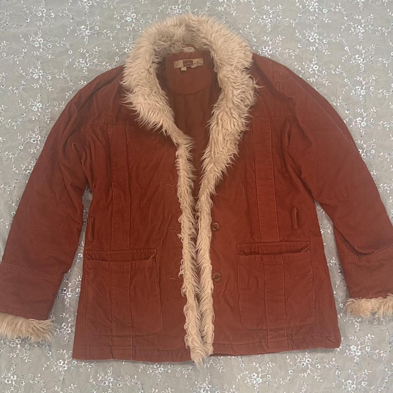 vintage red fur lined penny lane/afghan coat size:... - Depop
