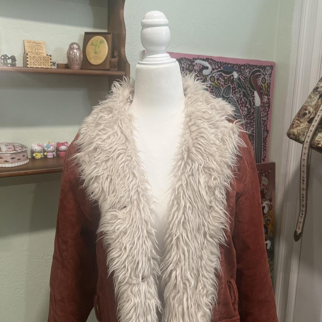 vintage red fur lined penny lane/afghan coat size:... - Depop