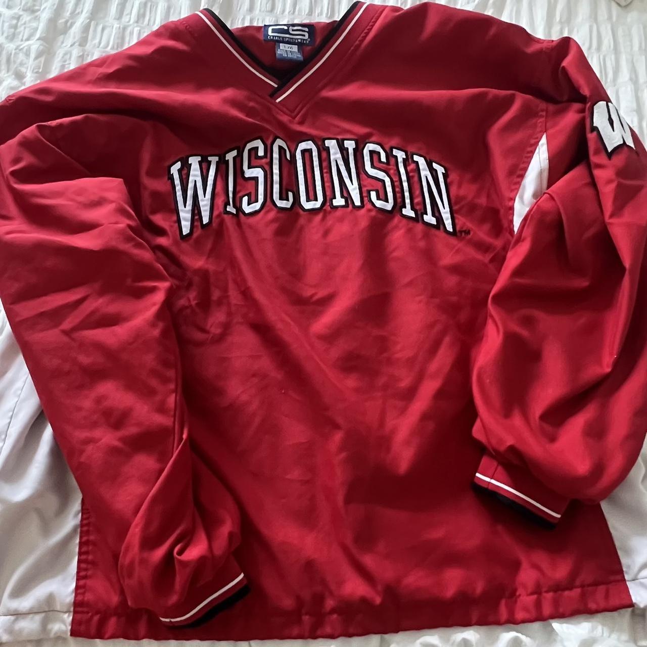 red and white vintage wisconsin windbreaker jacket... - Depop