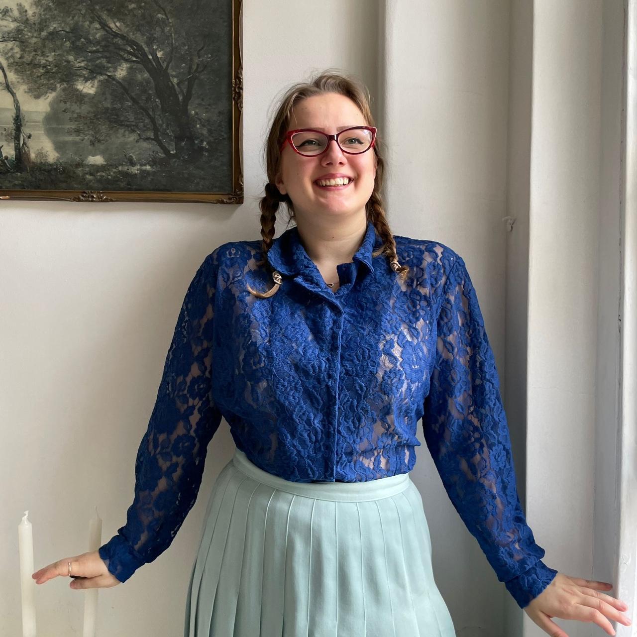 Vintage Cobalt Blue Lace Shirt Enticingly... - Depop