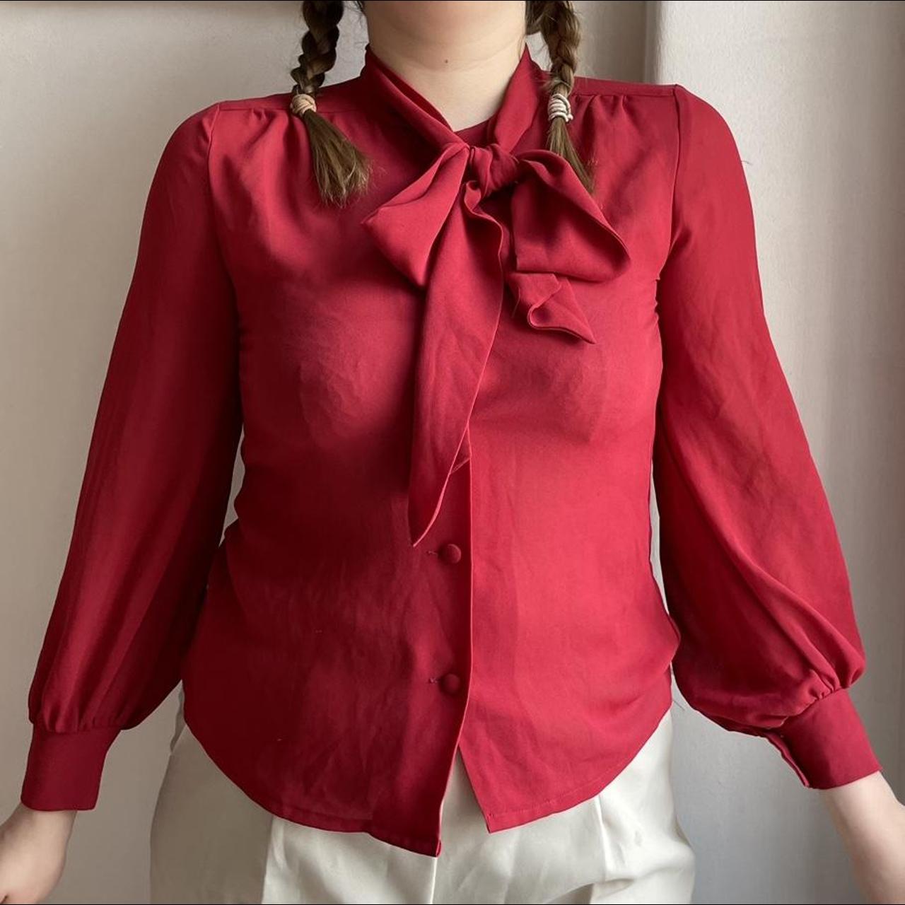 Vintage Ruby Red Bow Collar Collar Shirt Elegant... - Depop