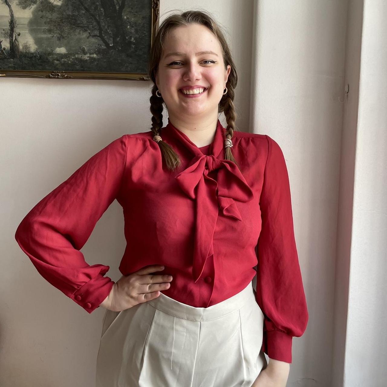 Vintage Ruby Red Bow Collar Collar Shirt Elegant... - Depop