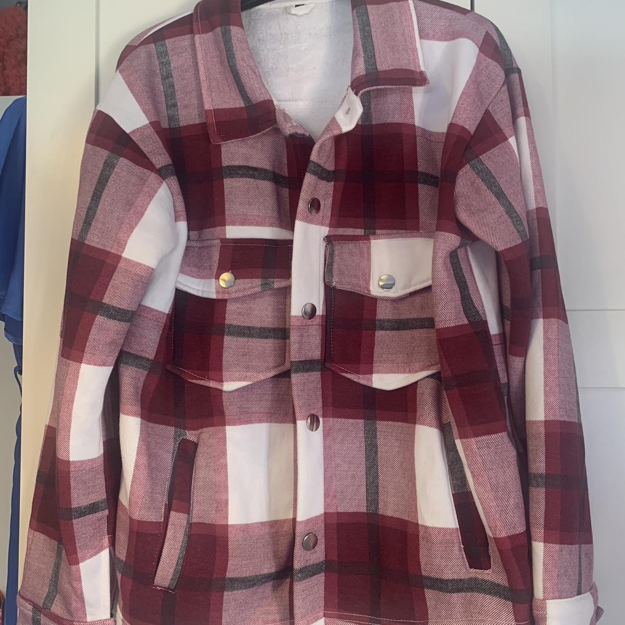 Burgundy and white shacket Size medium Thinner than... - Depop