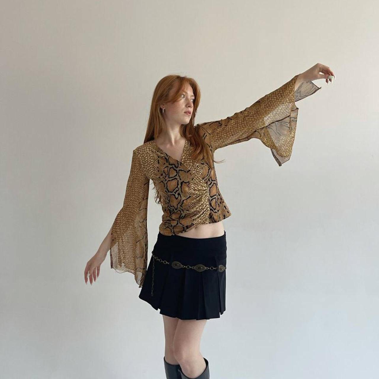 Vintage python print mesh blouse with bell sleeves... - Depop
