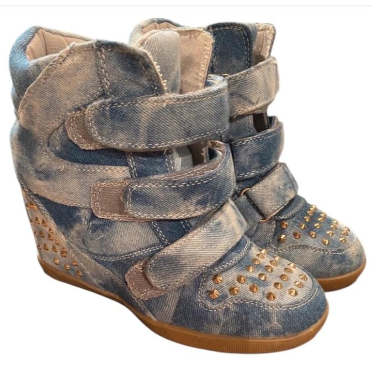 Denim wedge sneakers, with studs, size 5 UK - 38... - Depop
